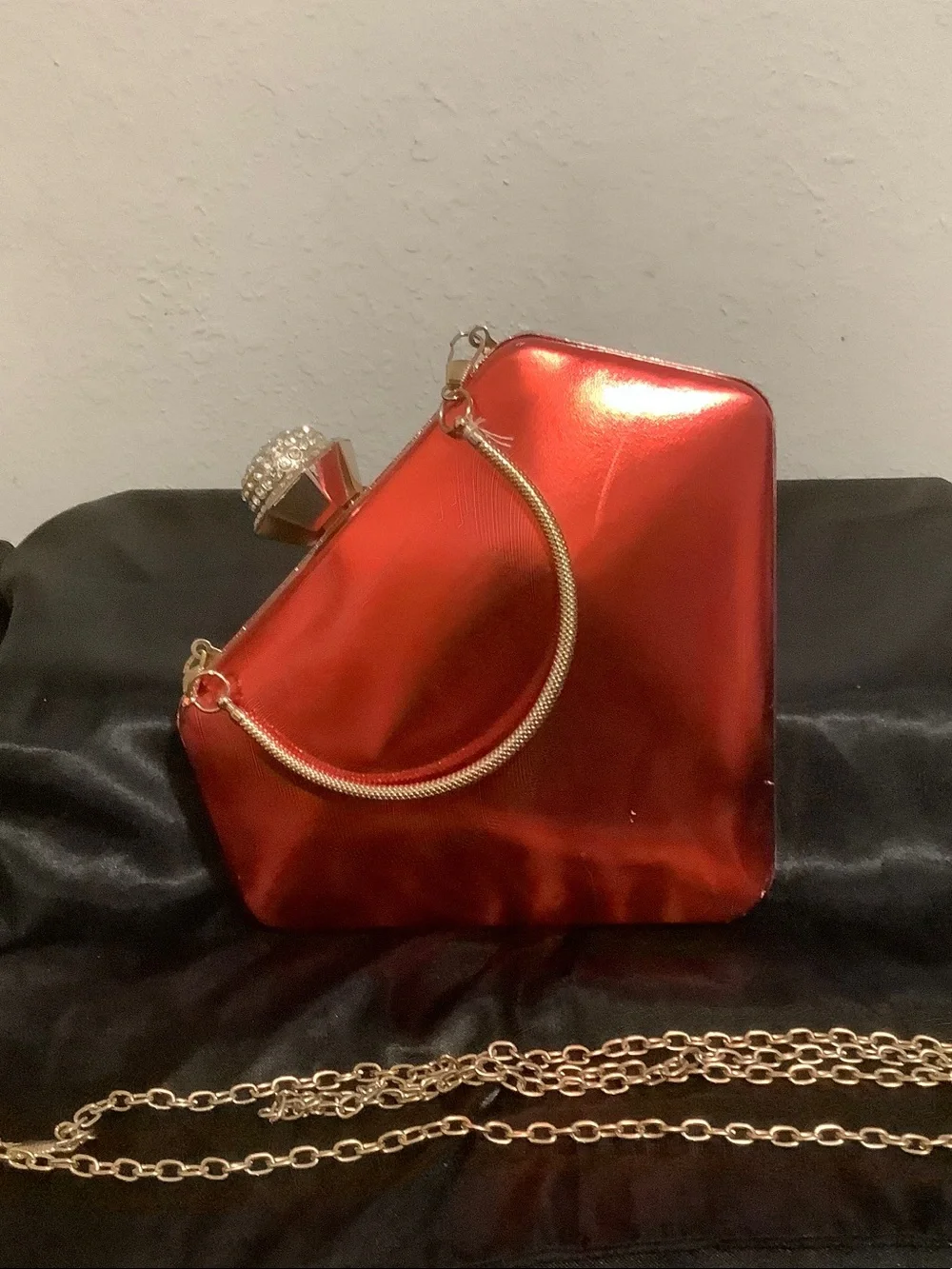 Bags | Red Metallic Evening Clutch Handbag With Gold Chain | Poshmark